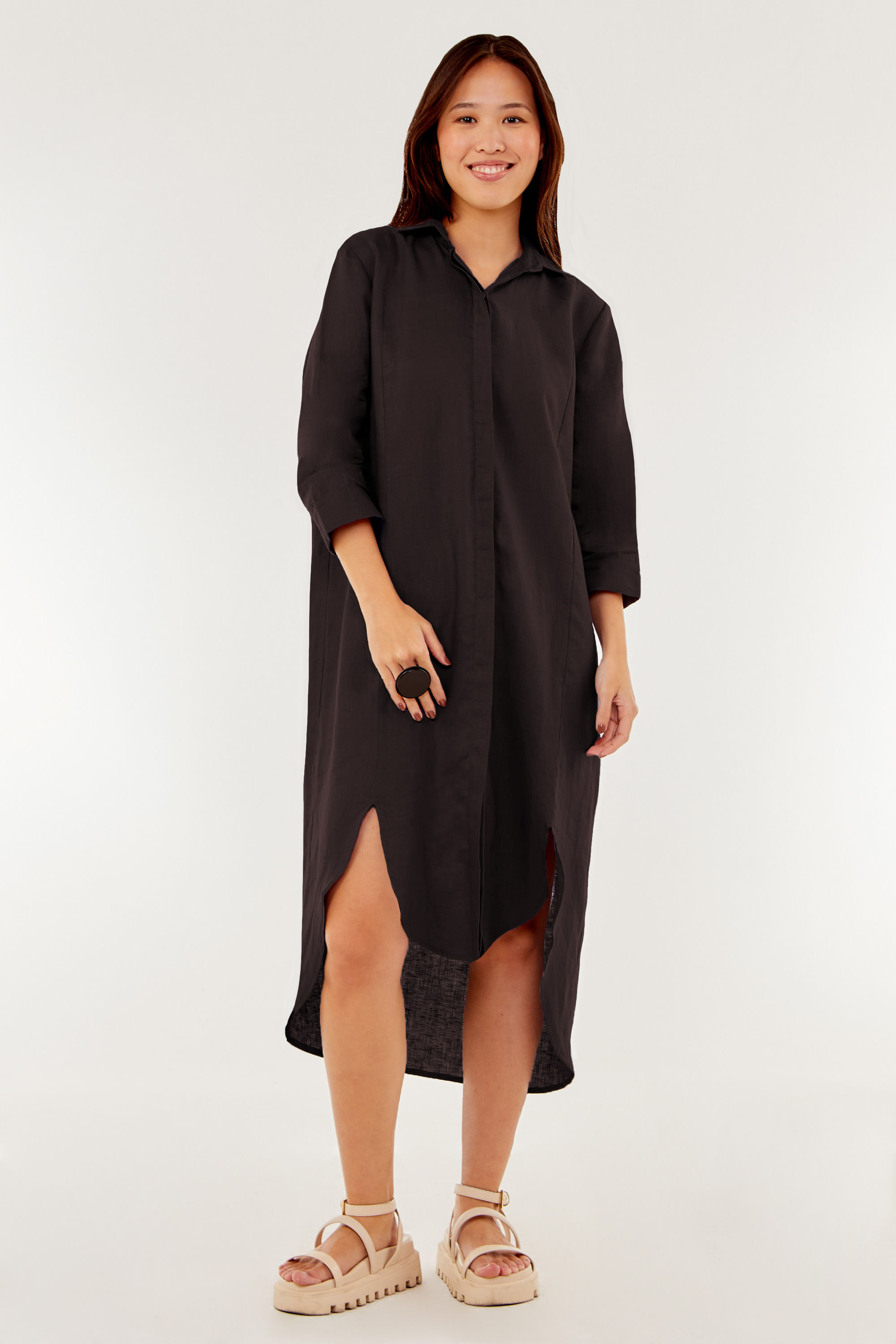 Vestido Chemise Fenda Manga Preto - Papel Craft