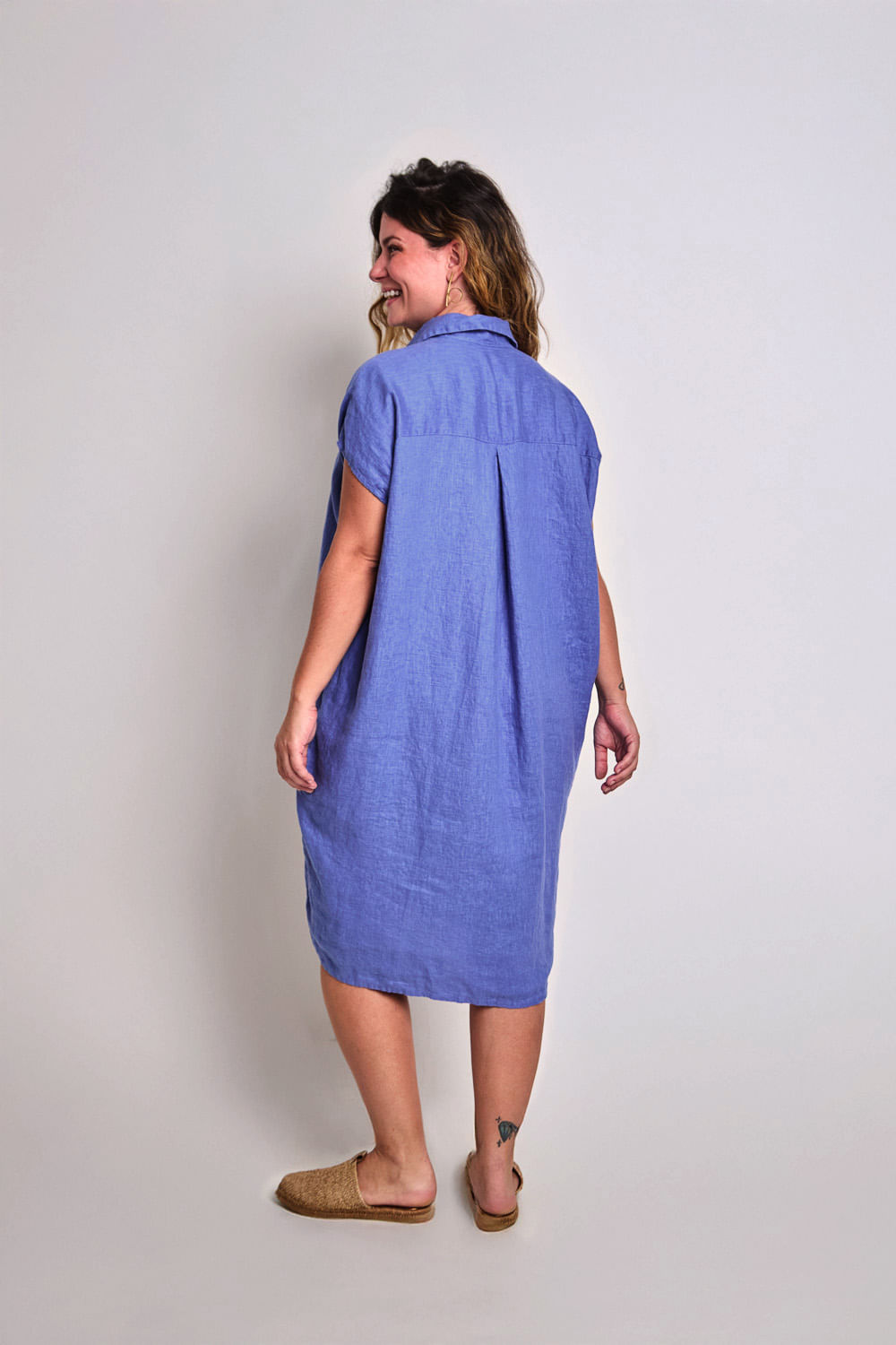 Vestido Chemise Puro Linho SantoriniAZUL - Papel Craft